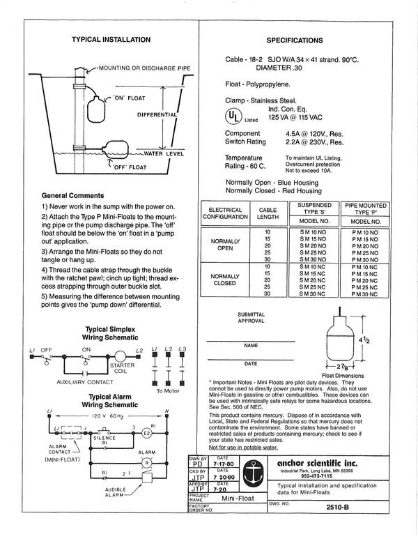 Anchor Scientific Mini-Float Normally Open – Technical Sales Corporation