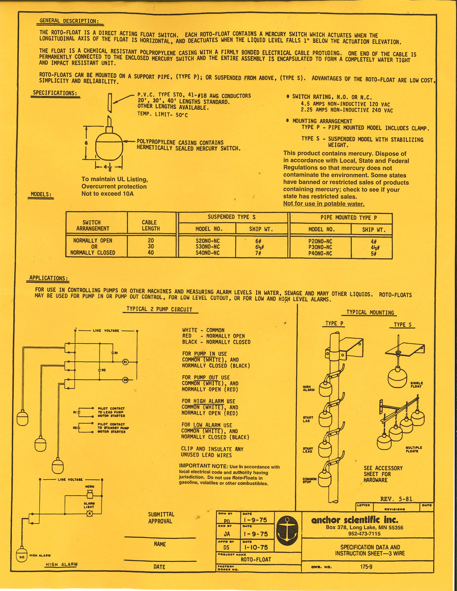 Anchor Scientific S50NONC 3-Wire Roto-Float – Technical Sales Corporation